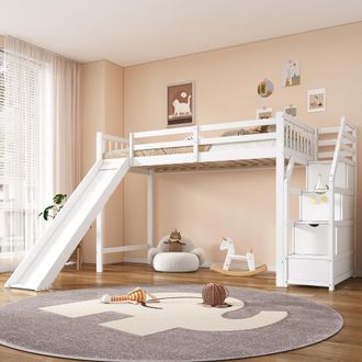 Myboo Hochbett 90x200, Kinderbett mit Rutsche & Ablageleiter, Jugendbett mit Rausfallschutz & Lattenrost, Funktionsbett Etagenbett Stockbett Kinderhochbett 