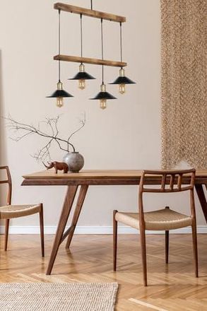 Opviq Industrial Rustic Chandelier, Wooden Body & Metal Cap, 15 cm Diameter, 80 cm Height, Adjustable, E27 Socket, Brown & Black | Perfect for Country Homes