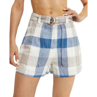 IXIAH Blau Beige Karierte High-Waist-Shorts - - Shorts - Damen - Blau - 2XS