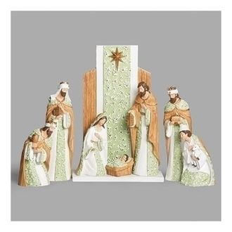 Roman Weihnachtskrippe Mistelzweig und Holz mit Hintergrund, 8 St&uuml;ck, 33 cm H&ouml;he, Kunstharz