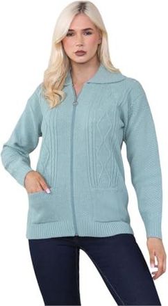 Janisramone Cardigan zipp&eacute; pour femme - Manches longues - Couleur unie - Cardigan tricot&eacute; avec poches pour lhiver, Vert gris&eacute;, 48-50 Grande taille