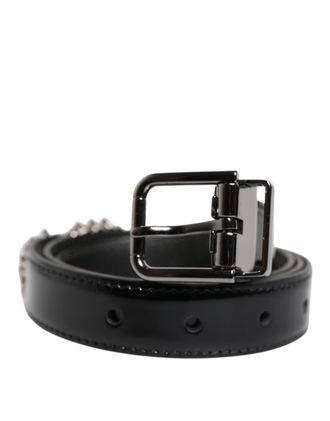 Dolce & Gabbana Mens Black Embellished Metal Logo Buckle Belt Leather