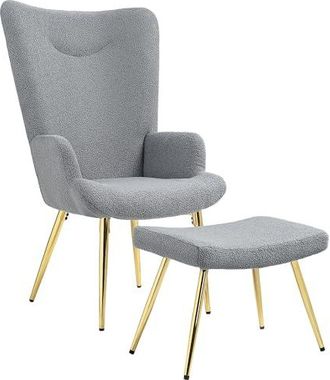 HOMCOM Fauteuil de Lecture avec Repose-Pied et Pieds en Acier dor&eacute;, Dossier Haut et Tissu de Bouclette, pour Salon et Chambre &agrave; Coucher Gris
