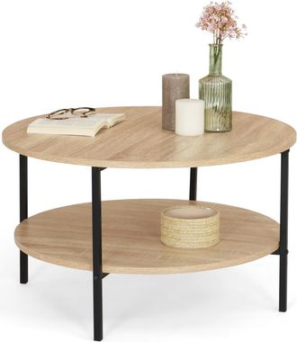 IDMarket Couchtisch mit doppeltem Tablett, rund, 70 cm, Industriedesign