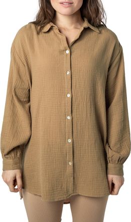 Sublevel Langarm Musselin Bluse mit Kentkragen - Damen Muselin Oversize Bluse, Baumwolle, Knopfleiste in verschienden Farben middle-beige L/XL