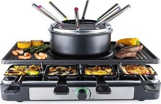 Gourmetmaxx Raclette 2 en 1 avec fondue | Set &agrave; raclette pour 8 personnes | Combinaison raclette-fondue avec 8 po&ecirc;lons, spatules, fourchettes &agrave; fondue et caquelon