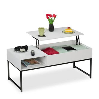 Relaxdays Relaxdays Couchtisch aufklappbar, HBT: 45x110x50 cm, Seitenfach, Wohnzimmertisch mit Stauraum, Holzoptik & Metall, wei&szlig;