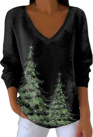 Generic Pull de Noël pour femme - Haut imprimé de Noël 2025 - surdimensionné - Confortable et tendance - Imprimé mignon - Chaud - Col en V - Manches tricotées