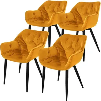 ML Design Set 4 Chaises de Salle à Manger, Jaune Moutarde, Assise Rembourrée en Velours, Pieds Métalliques Noir, avec Dossier et Accoudoirs Ergonomiques