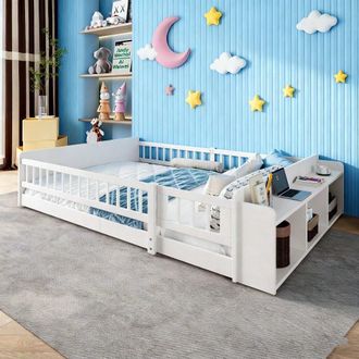 Generic Kinder-Holzbett 140x200 cm in Weiß | Massivholz Kiefer mit Einlegeböden | Offenes Lager & zu öffnendes Gehäuse | Ohne Matratze