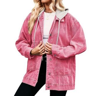 Generic Veste en jean pour femme avec capuche amovible - Style d&eacute;contract&eacute; - Avec boutons - Veste en jean surdimensionn&eacute;e &agrave; manches longues, Rose., XXL