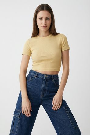 Only Kurzarmshirt ONLY ONLBETTY S/S O-NECK SHORT TOP CC JRS, Damen, Gr. XL, sunlight, Jersey, Obermaterial: 95% Baumwolle, 5% Elasthan, unifarben, regular 