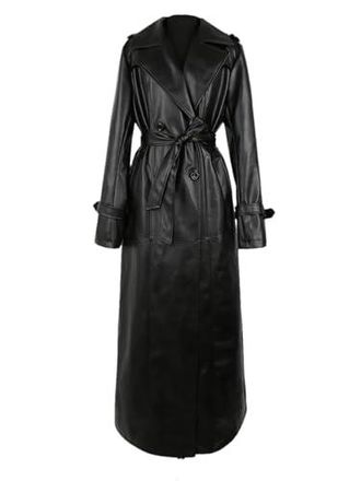 Generic Trench extra long en cuir PU souple noir pour femme &agrave; double boutonnage avec ceinture ajust&eacute;e, Noir, S