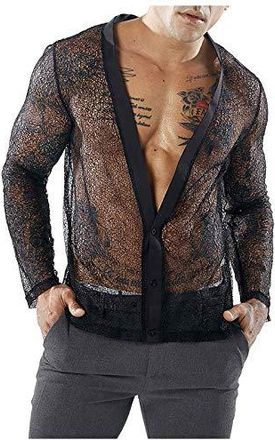 FNKDOR Chemise à Manches Longues Homme Chemise Col V Dentelle Transparent Slim Fit T-Shirt Loisirs Shirt Fête Bar Night Club Chemise Creuse Top Blouse(C Noir