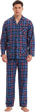 Global Herren Schlafanzug Flanell | Herren Pyjama Set Lang Baumwolle | Herren Zweiteilige Nachtw&auml;sche Loungewear Schlafanzughose Lang Gummizug und Kordelzug 