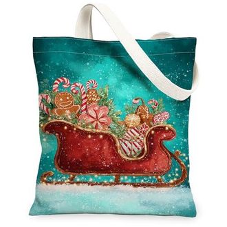 Generic Sacs fourre-tout en toile avec tra&icirc;neau de No&euml;l, sacs d&eacute;picerie r&eacute;utilisables, vintage, festifs, l&eacute;gers et lavables avec bandouli&egrave;re, Rouge, 13x15 Inc