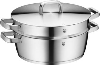 WMF Iconic Br&auml;ter mit Dampfgareinsatz 28cm, Schmortopf Induktion 5,7l, Kochtopf gro&szlig;, Cromargan Edelstahl poliert, unbeschichtet