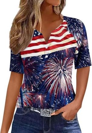 Generic Hauts dété pour femmes 2024 4 juillet chemises drapeau américain T-shirt patriotique habillé décontracté chemises amples, noir, Taille M