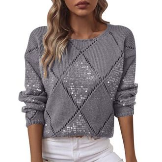 Generic Pull en crochet &agrave; col rond et manches longues pour femme Motif losanges, gris fonc&eacute;, XXL