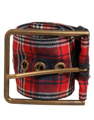 Dolce & Gabbana Mens Red Plaid Fabric Logo Plate Brass Buckle Belt 100lf