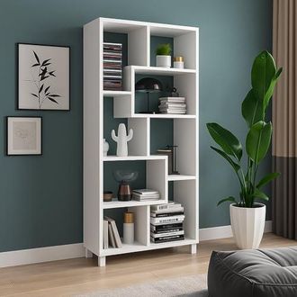 Dmora Zick-Zack-B&uuml;cherregal mit 8 Regalen, Regal kann vertikal und horizontal positioniert werden, B&uuml;roregal, 69x30h160 cm, Farbe Wei&szlig;