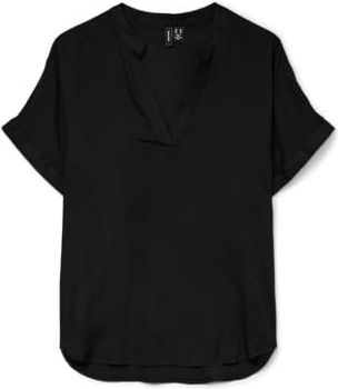 Vero Moda Top Casual à Encolure Fendue pour Femme avec Bracelets dourlet reversés - Chemisier à Manches Courtes, Couleurs:Noir, Taille:M