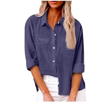 Generic Chemise en lin &agrave; manches longues pour femme 2026 tendance en coton et lin avec col en V, t-shirt ample d&eacute;contract&eacute; pour sortir, v&ecirc;tements avec poches,