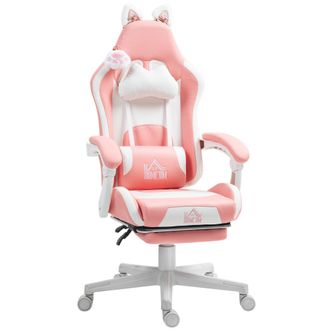 HOMCOM Gaming Stuhl Ergonomischer Gamer Stuhl mit Lendenwirbelst&uuml;tze, Fu&szlig;st&uuml;tze, S&uuml;&szlig; Gaming Sessel mit Katzenohren, Kopfkissen, H&ouml;henverstellbar B&uuml;rostuhl mi