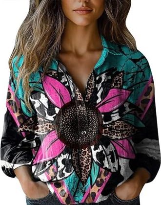 Generico Chemise Femme &Eacute;l&eacute;gant Manches Longues T Shirt Coton Et Lin D&eacute;contract&eacute; Respirant Chemisier Col en V Classique Blouse Vintage Fantaisie avec Boutons L&eacute;