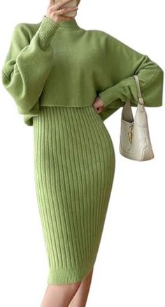 Minetom Robe en Tricot Femme 2 Pi&egrave;ces Ensembles Couleur Unie Manches Longues Pullover Haut et Robe Automne Hiver Tricot&eacute; Pull Robe D Vert L