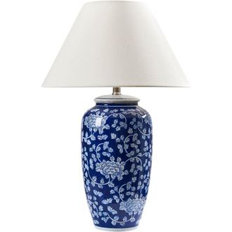 Beliani Lampe &agrave; Poser en Porcelaine avec Motif Abat-Jour en Lin en Forme de Tambour &Eacute;clairage Chambre Salon &Eacute;l&eacute;gant Bleu et Blanc Angeles