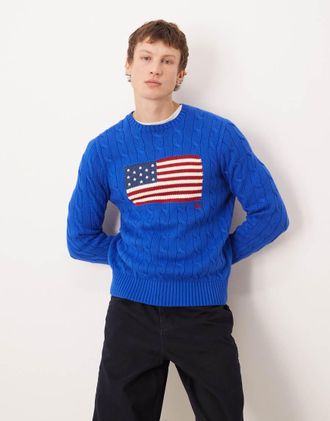 Polo Ralph Lauren Team USA - Baumwoll-Strickpullover in Blau mit Flaggenlogo auf der Brust und Zopfmuster