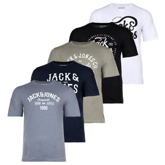 Jack & Jones JACK&JONES Herren T-Shirt, 5er Pack - JJLEOGRA Tee Crew Neck, Kurzarm, Rundhals, Baumwolle, Logo-Print Schwarz/Weiß/Blau/Grün 2XL