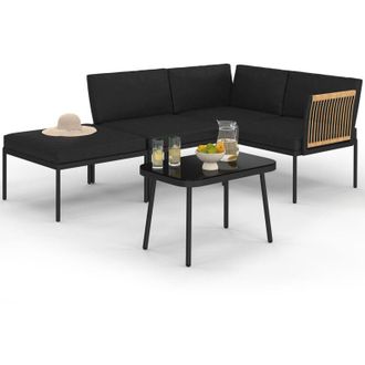 IDMarket Salon de jardin bas RIO 4 places modulable structure m&eacute;tal noir, cordage effet rotin clair avec coussins noirs