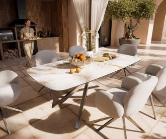 DELIFE Outdoortisch Edge Boot 200x100 cm Keramik Minas Melange Wei&szlig;-Beige Kreuzgestell Rechteck Edelstahl, Esstische