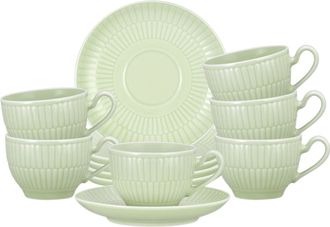 SELTMANN WEIDEN Amina Seladon Espressotassen mit Untertassen 6er Set, 100 ml, Espresso-Set für 6 Personen mit dezentem Relief-Muster, Spülmaschinen- und Mikrowellenfe