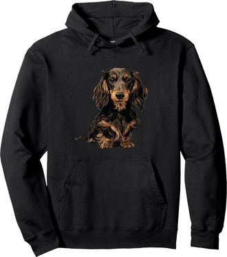 Whyitsme Design Dackel-Illustration mit langem Haar, Schwarz und Hellbraun Pullover Hoodie