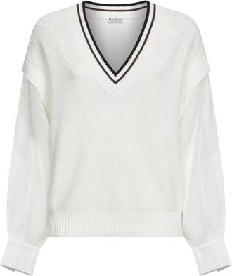 Brunello Cucinelli Femme, Pulls, Blanc, Taille: 40 FR Pull en maille point anglais en coton avec manches en organza