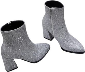 Frcolor Bottines Courtes &agrave; Bout Effil&eacute; Et Talons Sabot Orn&eacute;es De Sequins Pour Femme Automne-hiver Avec Fermeture &Eacute;clair Fluide