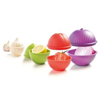 Mastrad Bo&icirc;tes de conservation l&eacute;gumes - Lot de 4 Formes: Ail, Oignon, Citron, Tomate - Embo&icirc;tables - Lave Vaisselle - F91354, Vert