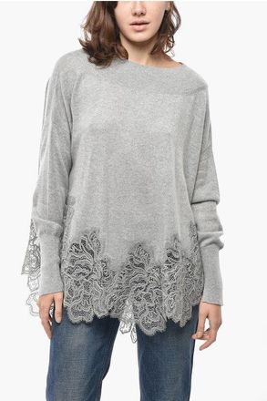 Ermanno Scervino Turtleneck Pure Cashmere Sweater with Lace Hem Größe L