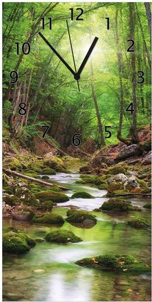 Wallario Design-Wanduhr, Acrylglasuhr Größe 30 x 60 cm, Schwarze Zeiger, Motiv Fluss im Wald