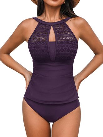 Cupshe Tankini-Set f&uuml;r Damen, hoher Halsausschnitt, Netzausschnitte, zweiteilige Badeanz&uuml;ge, verstellbare Tr&auml;ger, mittelhohe Taille, deep purple, Medium