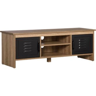 HOMCOM Meuble TV Banc TV 110 cm Design Industriel, avec 2 placards, 2 niches, 2 Passe-Fils, Aspect Bois veinage Portes m&eacute;tal Noir-Brun clair, Noir