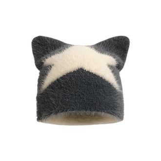 Generic Bonnet dhiver chaud en tricot avec oreilles de chat pour adultes et femmes avec motif &eacute;toile et casquette en tricot &eacute;l&eacute;gante, gris, A