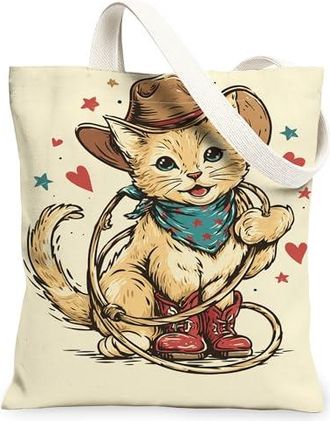 Generic Sac fourre-tout en toile motif animal de cowboy r&eacute;utilisable, l&eacute;ger et lavable avec bandouli&egrave;re pour voyage, plage, beige, 13x15 Inch