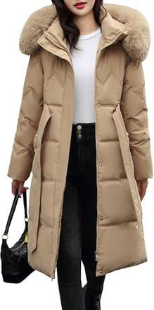 Generic Doudoune matelass&eacute;e &agrave; capuche en fausse fourrure avec fermeture &eacute;clair longue et ceinture l&eacute;g&egrave;re pour femme, kaki, 3XL
