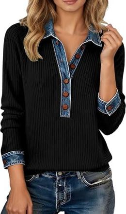 Generico Sweat-shirt pour femme avec patchwork en denim &agrave; manches longues avec col en V et fermeture &agrave; boutons, Noir, XXL