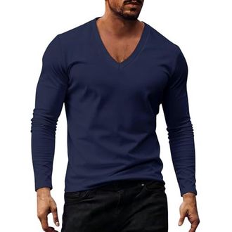 Generic DENGJIAMY T-shirts &agrave; col en V profond pour hommes tendance solide &agrave; manches longues classique basique uni hauts d&eacute;contract&eacute;s printemps v&ecirc;tements tenda