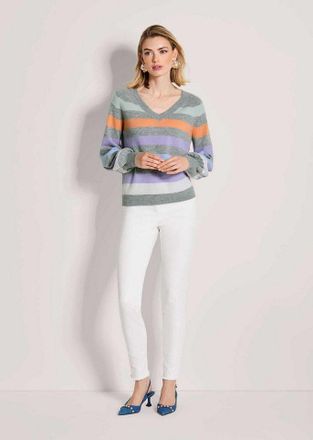 Madeleine Strickpullover Sommerpulli mit Streifen-Muster Wollpullover mit V-Ausschnitt, gerippten Abschl&uuml;ssen und Langarm